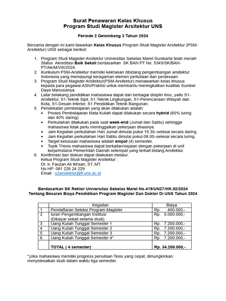 Surat Penawaran S2 Arsitektur UNS | PDF