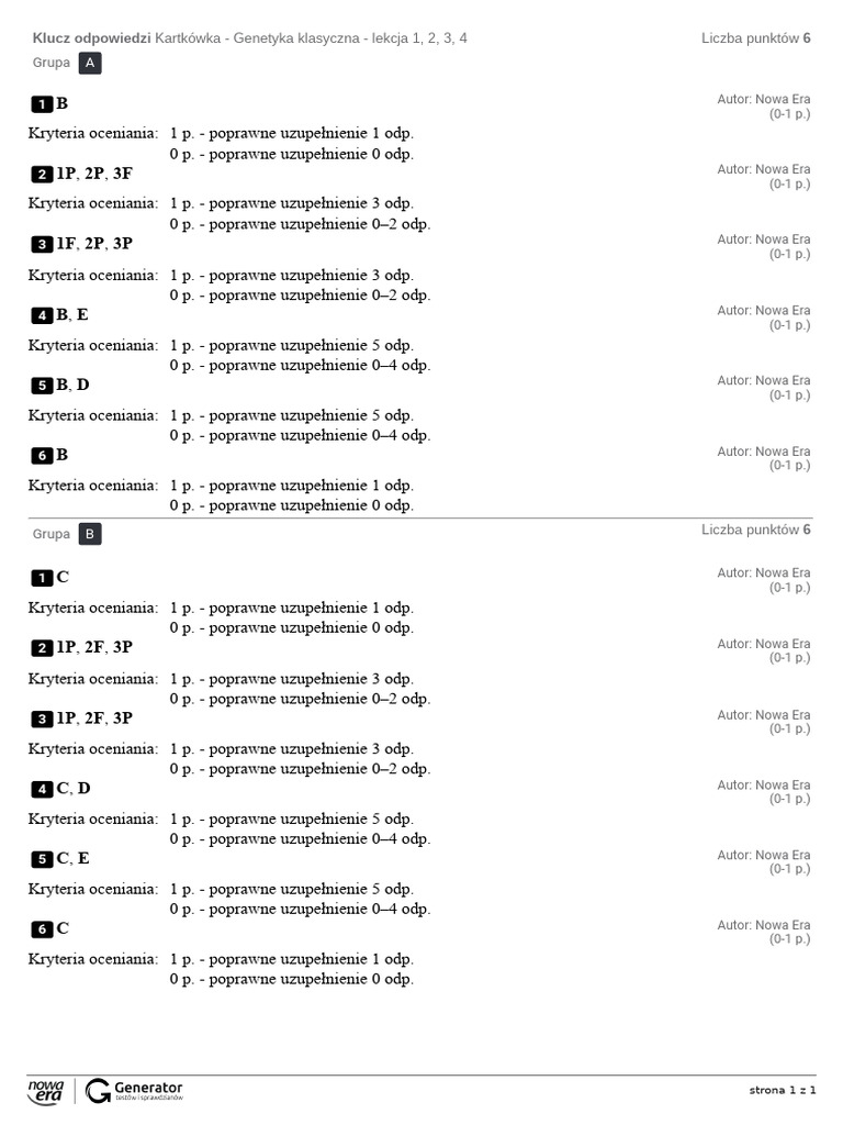 Kartkówka - Genetyka klasyczna - lekcja 1, 2, 3, 4 Klucz odpowiedzi | PDF