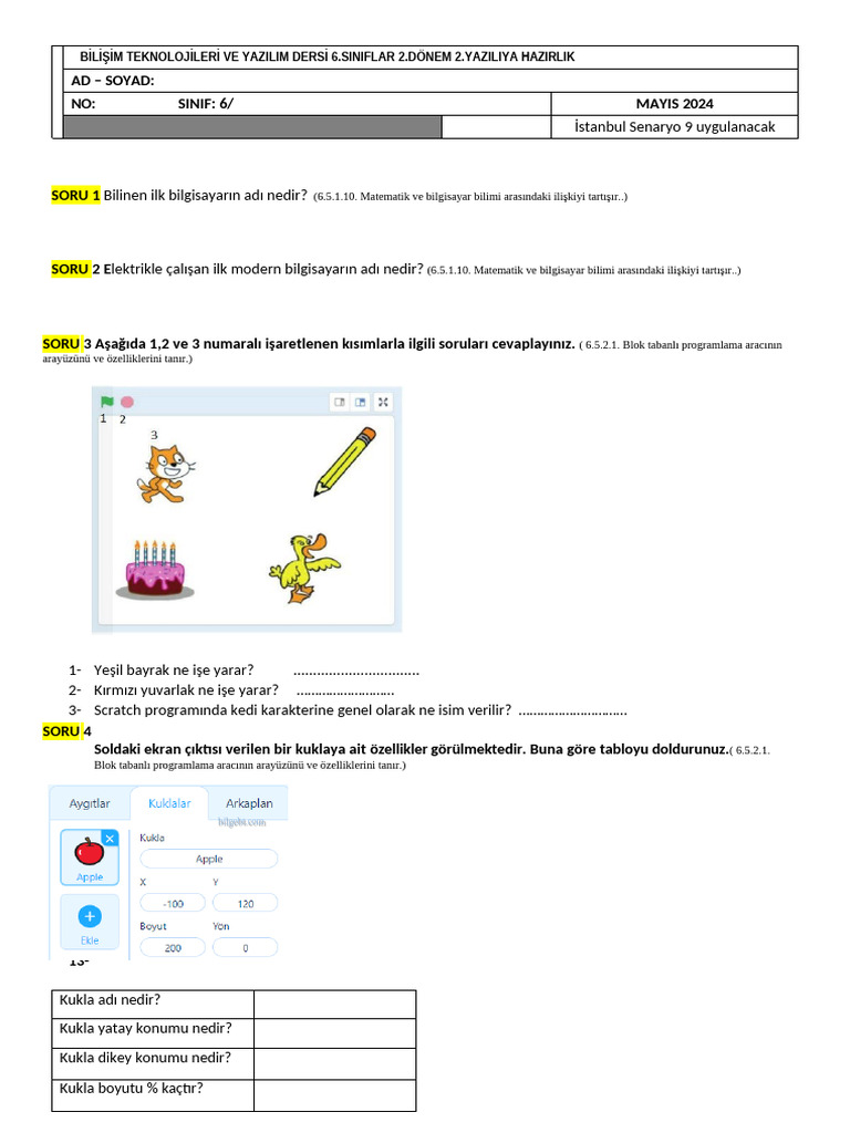 Bilişim Teknolojileri Ve Yazilim Dersi 6.siniflar 2.dönem 2.yaziliya Hazirlik | PDF