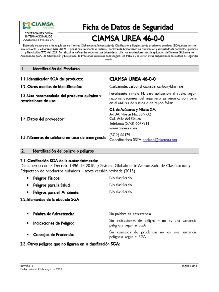 Ficha Seguridad CIAMSA Urea 46-0-0 | PDF | Sustancias químicas | Agua
