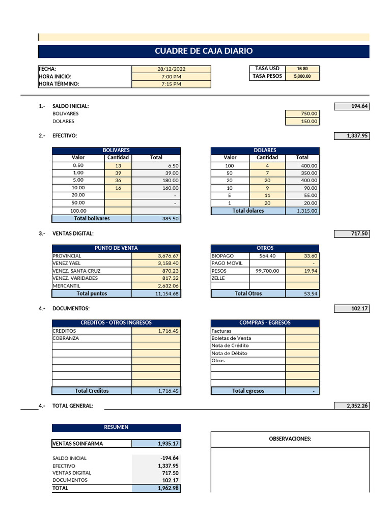 Formato Cuadre de Caja | PDF | Tecnología bancaria | Pagos