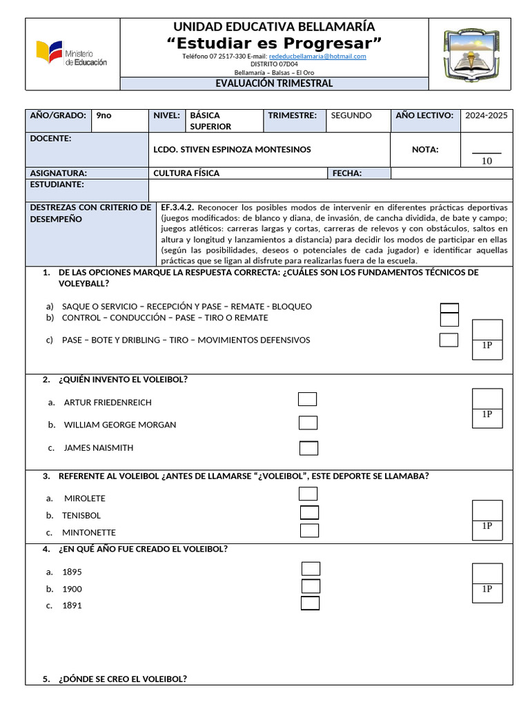 EVALUACIÓN 9no Año - 073529 | PDF | Vóleibol | Juegos de pelota