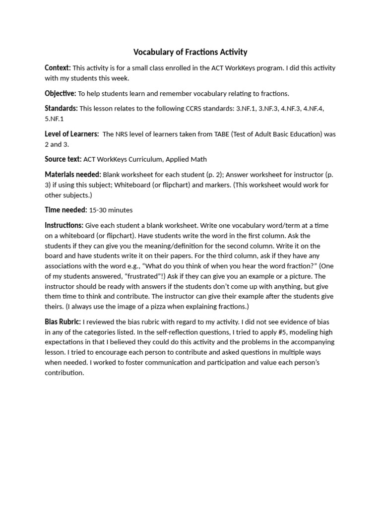 Fraction Vocabulary Activity | PDF | Learning | Cognition