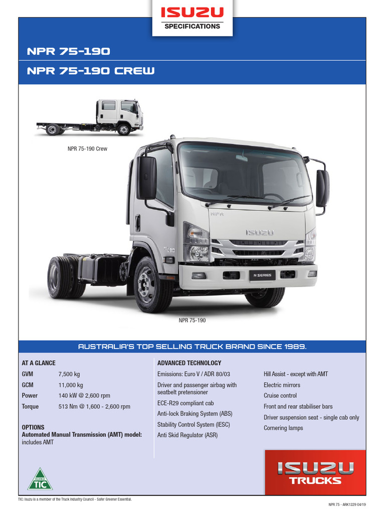 Isuzu NPR 75 Truck Specifications Guide | PDF | Manual Transmission | Truck