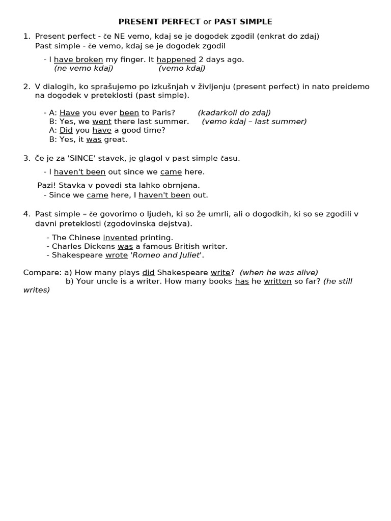 PRESENT PERFECT or PAST SIMPLE - Razlaga | PDF