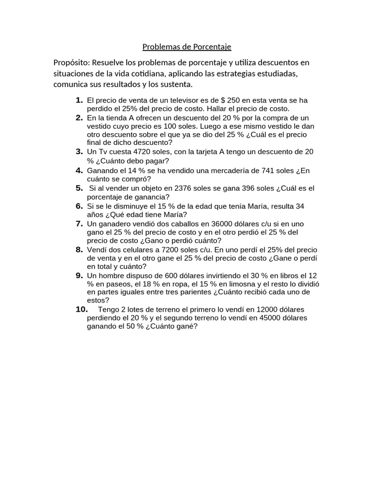 Problemas Resueltos de Porcentajes y Descuentos | PDF