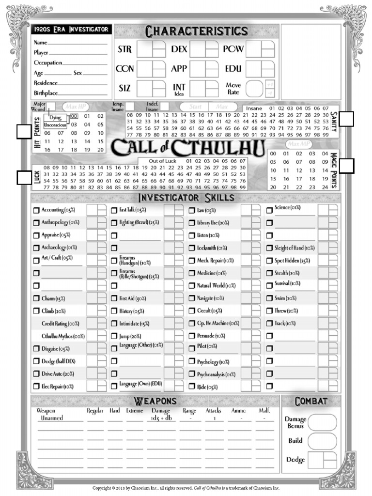 CoC - 7th Edition Character Sheet - Fillable | PDF