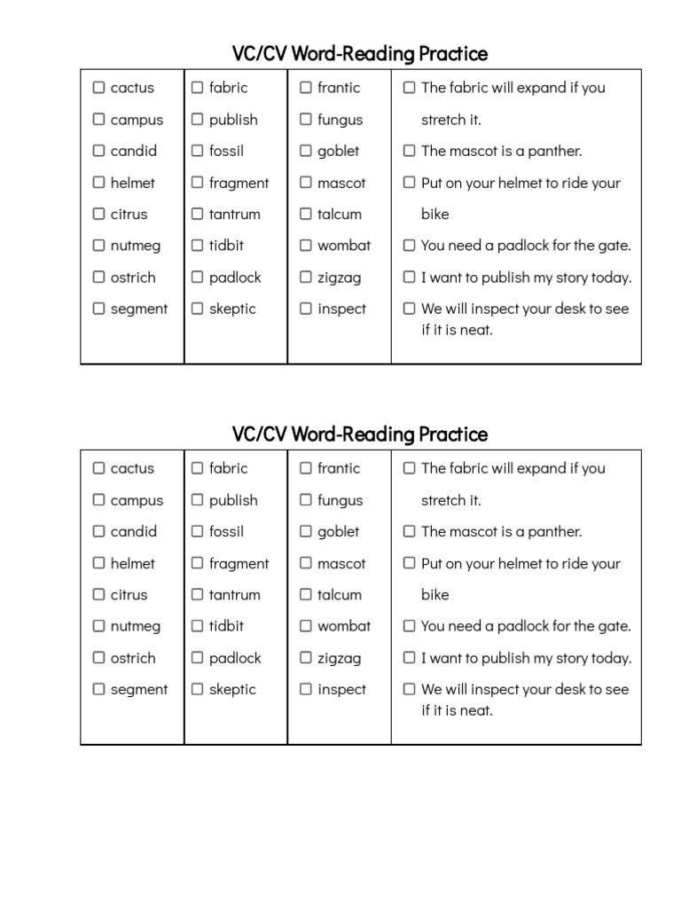 VC - CV Word-Reading Practice | PDF