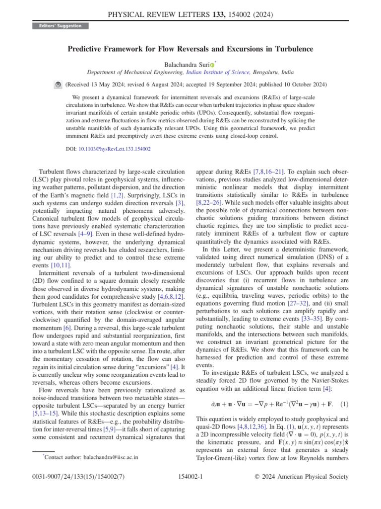 Predictive Framework For Flow Reversals And Excursions In Turbulence Pdf Fluid Dynamics