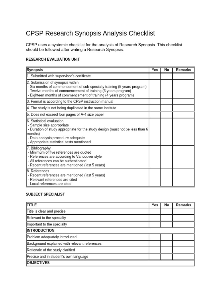 CPSP Research Synopsis Analysis Checklist | PDF | Data | Sampling (Statistics)