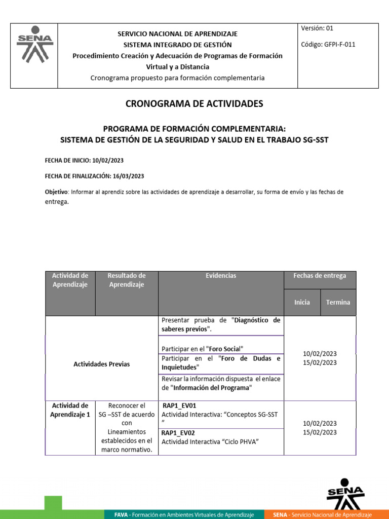 Cronograma SG-SST Formación Complementaria | PDF | Business