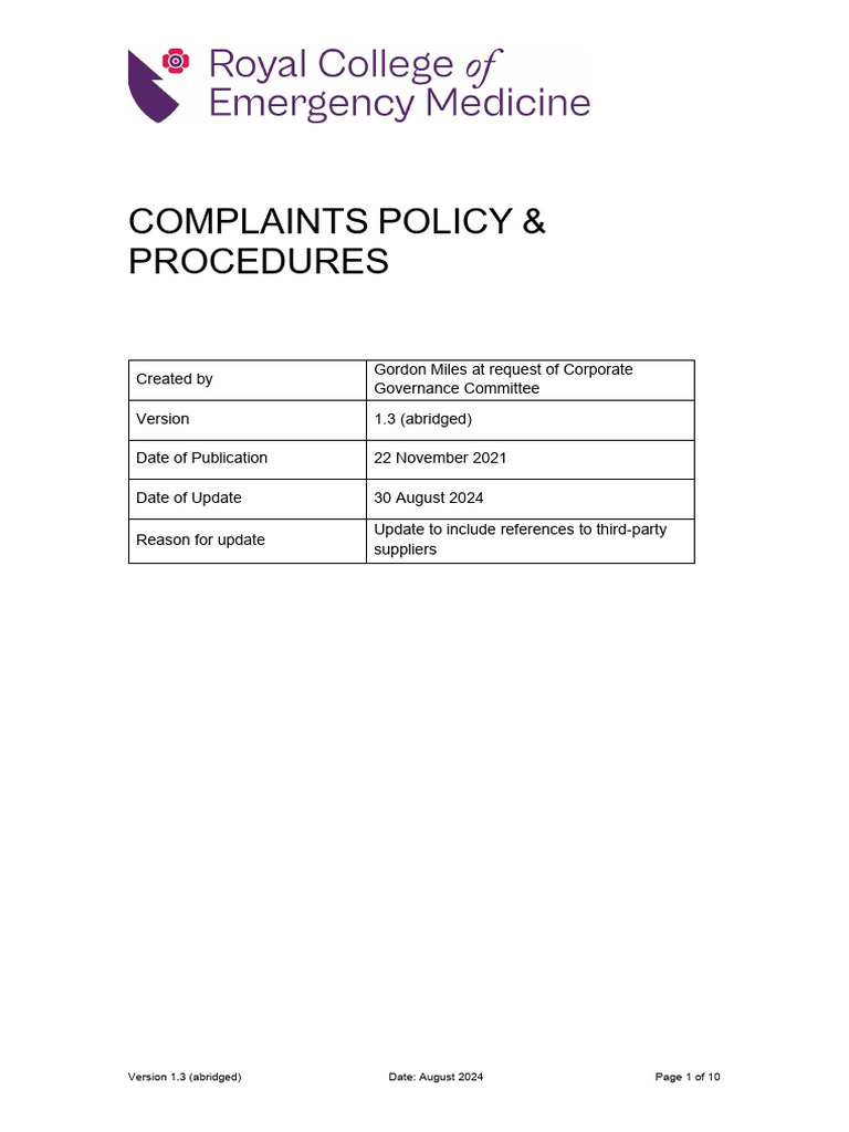 RCEM Complaints Policy and Procedures Abridged v1.3 | PDF | Complaint ...