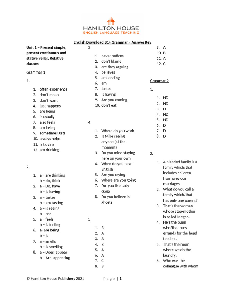 English Download B1+ Grammar ANSWER KEY | PDF | Grammar | Linguistics