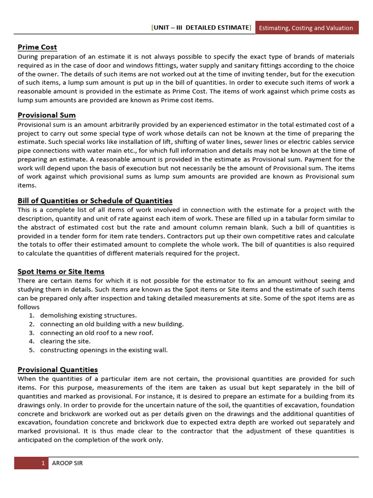 Unit - III (Prime Cost, Provisional Sum Etc..) | PDF