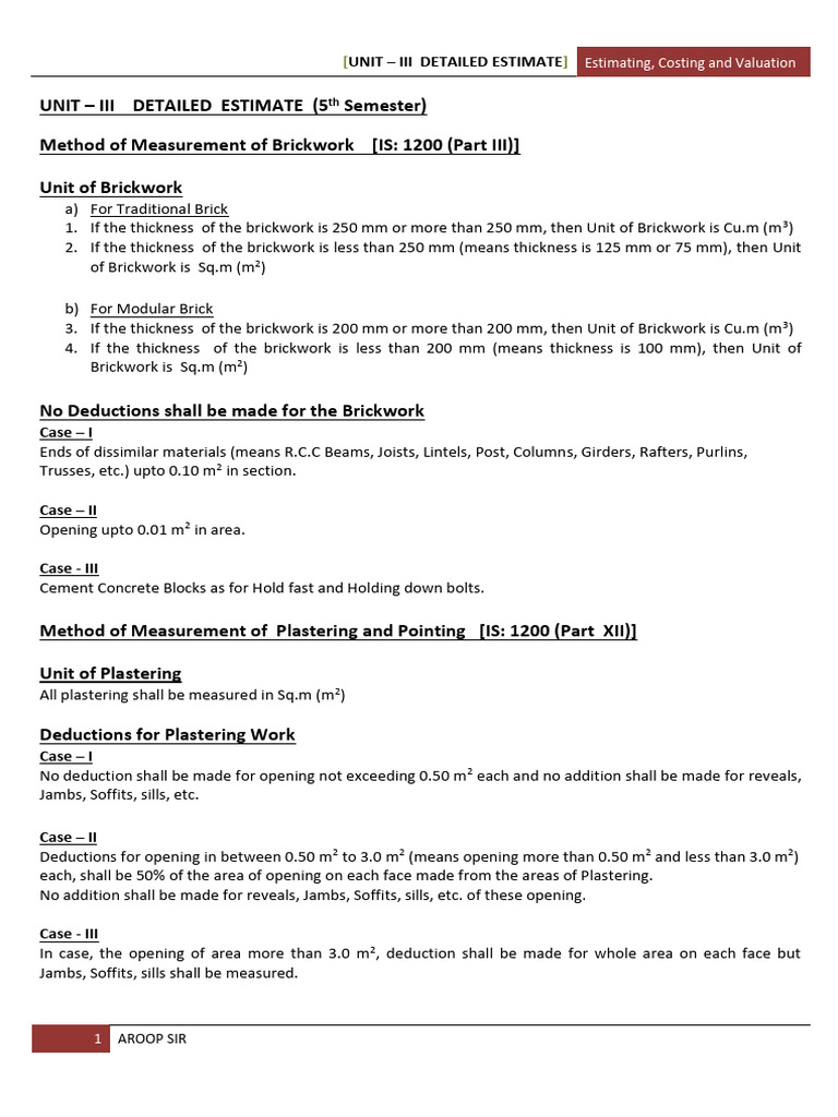 Unit - III (Part - I) (Detailed Estimate) | PDF | Mortar (Masonry ...
