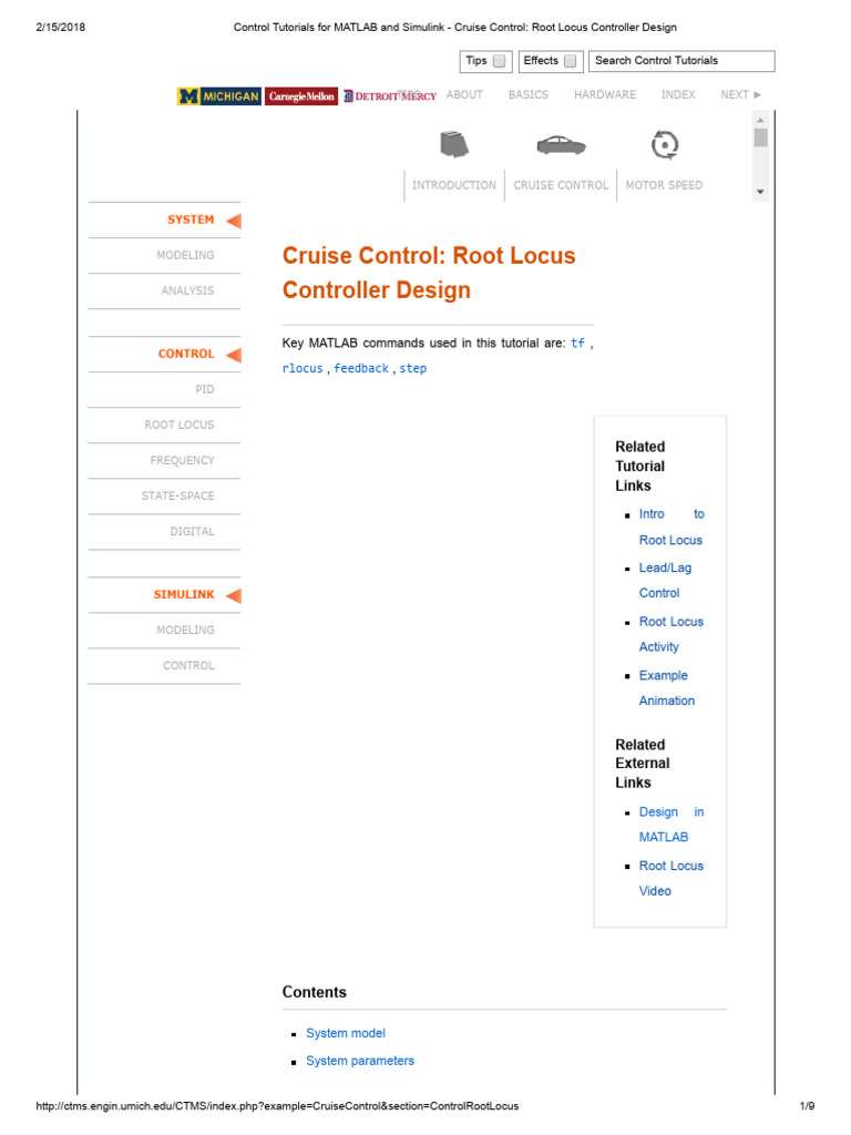 Control Tutorials For Matlab And Simulink Cruise Control Root Locus Controller Design Pdf