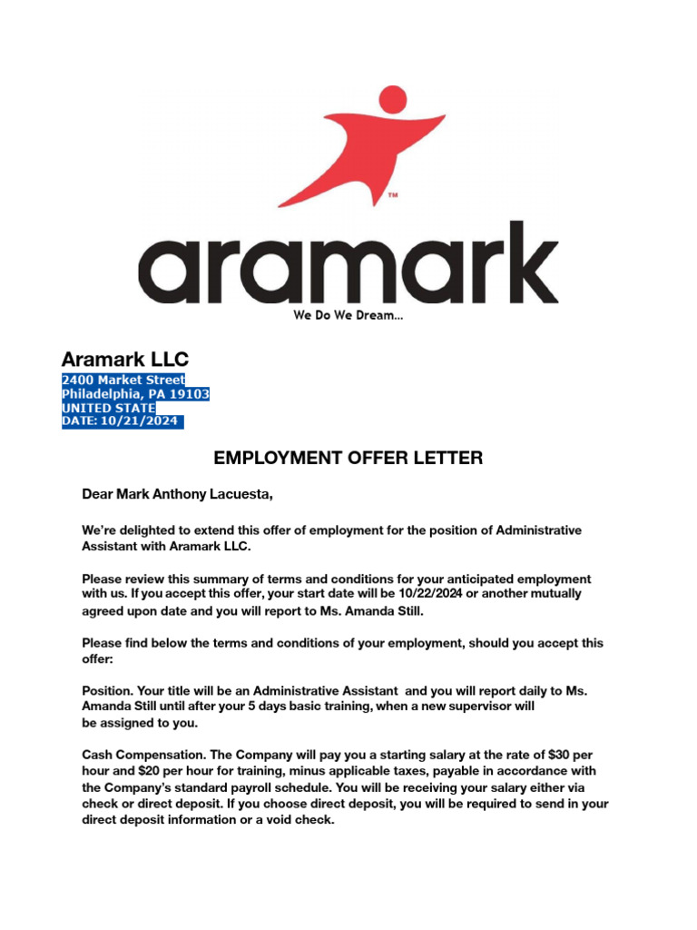 Mark Anthony Employee Offer Letter | PDF | Employment | Taxes