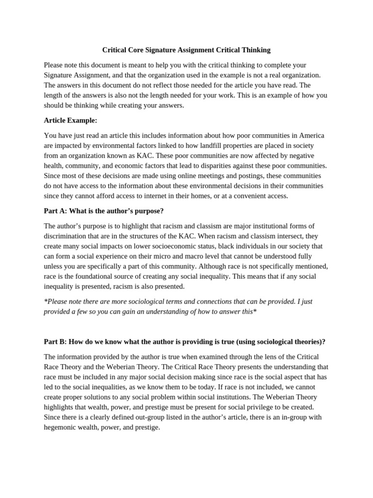 Signature Assignment Critical Thinking Guide | PDF | Social Inequality ...