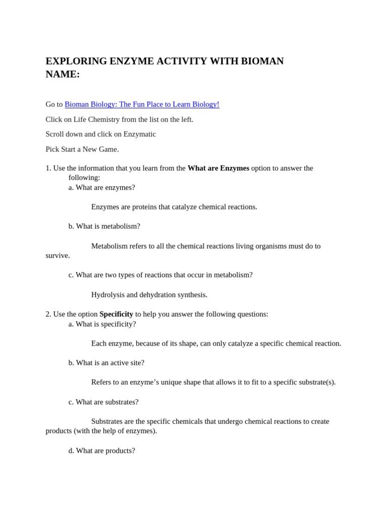 Enzyme Activity Worksheet | PDF