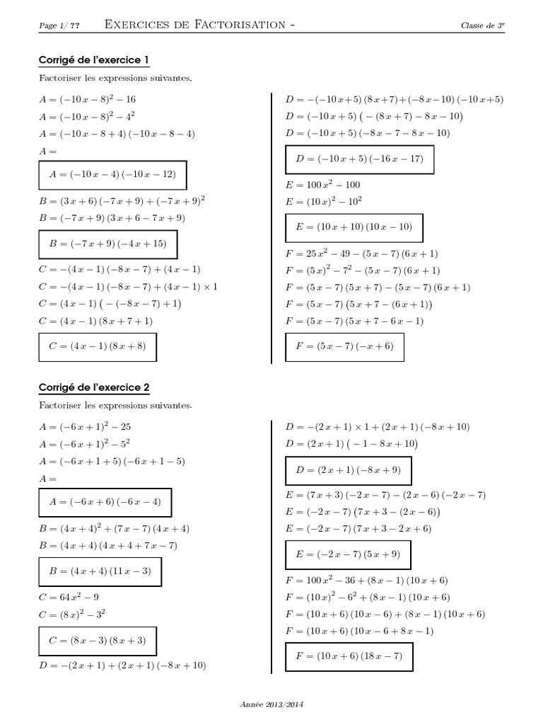 Factorisation Corrige Serie D Exercices 2 | PDF