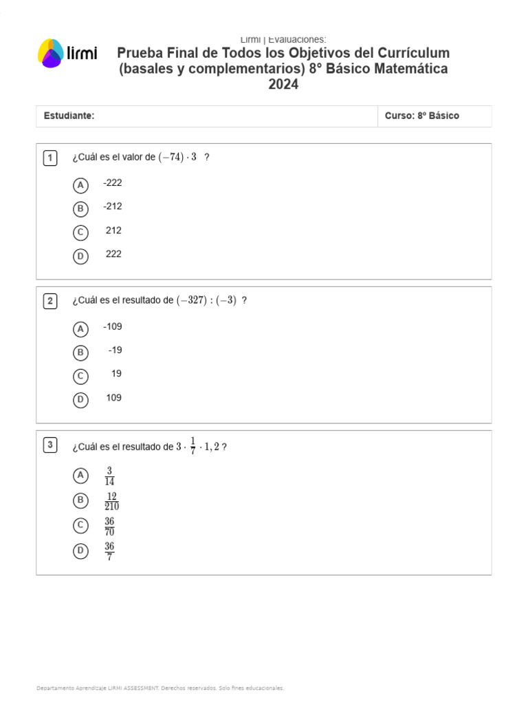Prueba Final de Todos Los Objetivos Del Curriculum Basales y Complementarios 8 Basico Matematica ...
