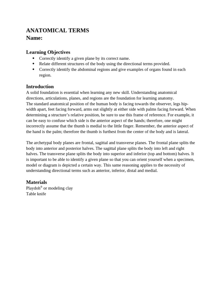 Anatomical Terms Lab Worksheet | PDF | Anatomical Terms Of Location ...