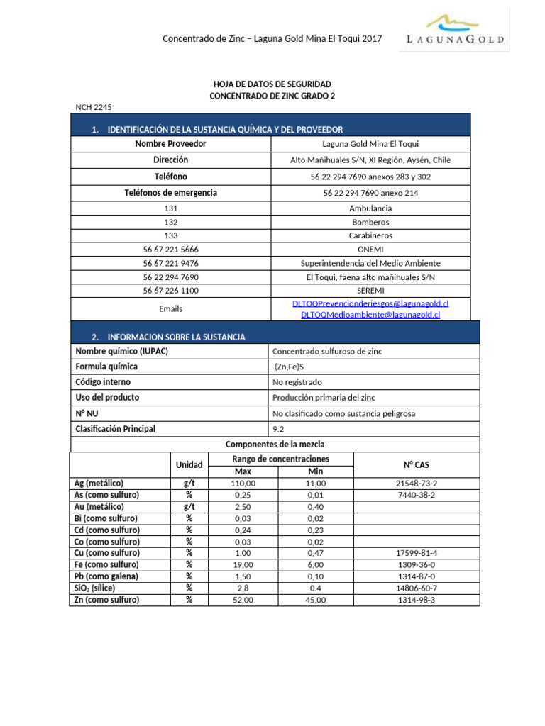 Standard Msds Low Zinc Concentrate - El Toqui - Span - Hoja Segurida ...