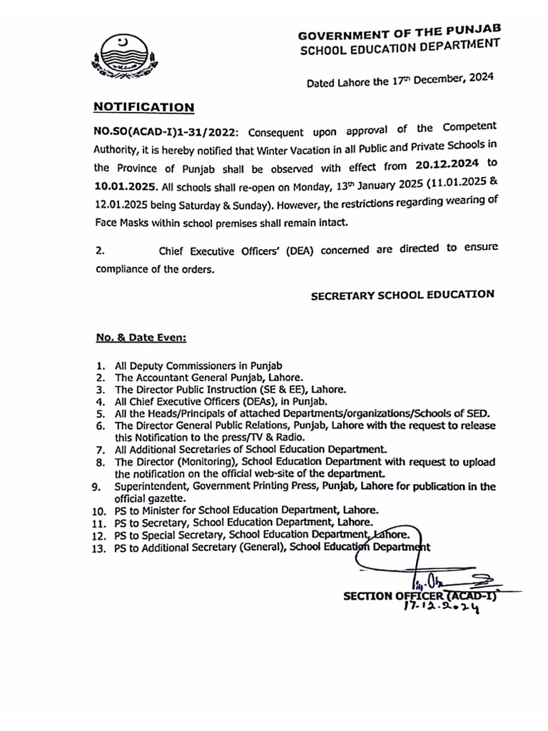 SED Notification - Winter Holidays 2024 | PDF