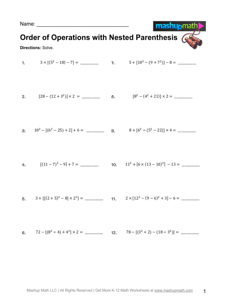 Order of Operations With Nested Parenthesis A - 1 | PDF
