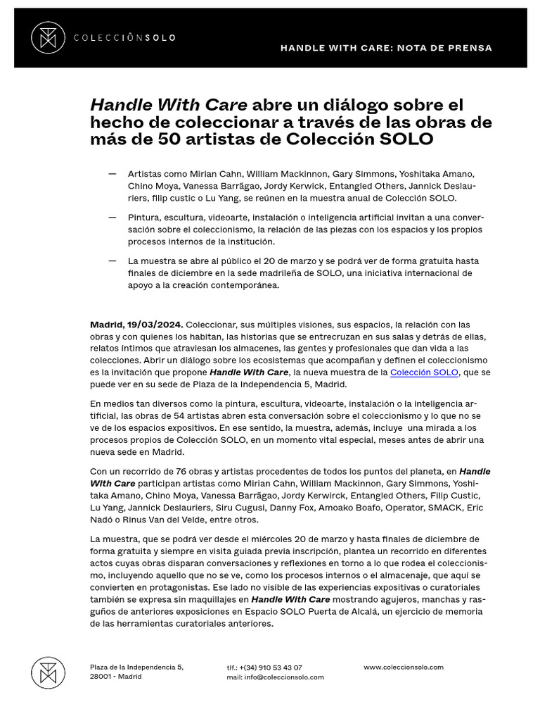 Handle With Care Nota de Prensa Imp | PDF | Arte de performance | Madrid