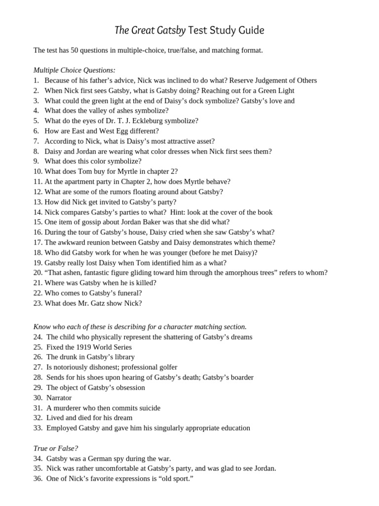 Gatsby Test Study Guide | PDF | The Great Gatsby