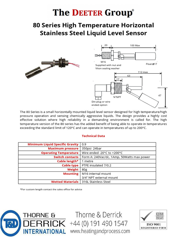 Horizontal Float Switch Liquid Level Sensor - Deeter 80 Series High ...
