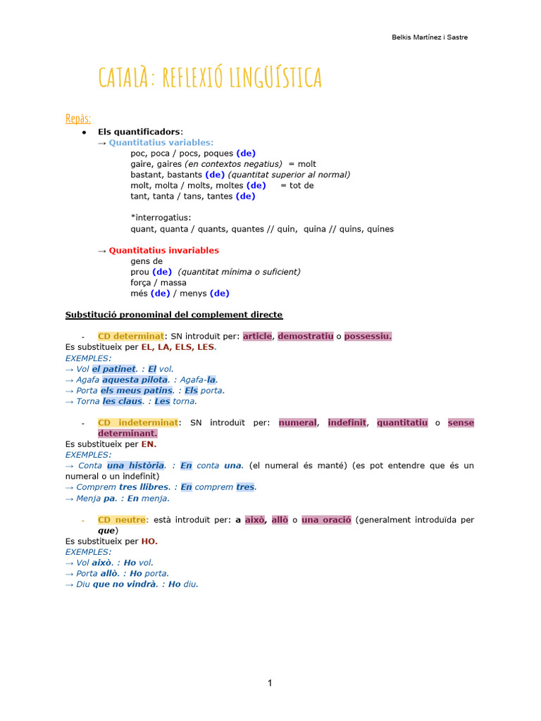 Català - Reflexió Lingüística 1r Trim 2n Batx | PDF