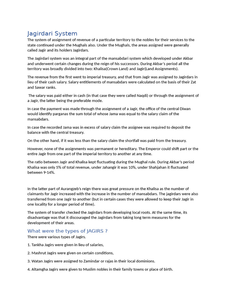 Jagirdari System Synapsis | PDF