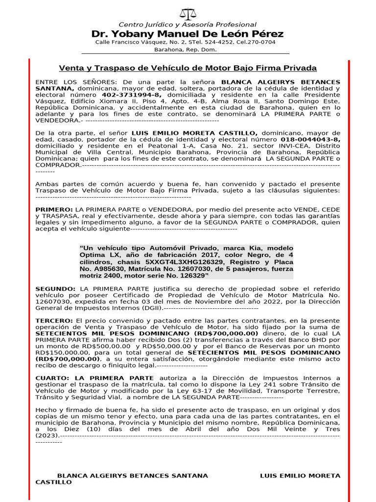 ACTO DE TRASPASO DE VEHICULO DE MOTOR Yobany MORETICA | PDF | República ...
