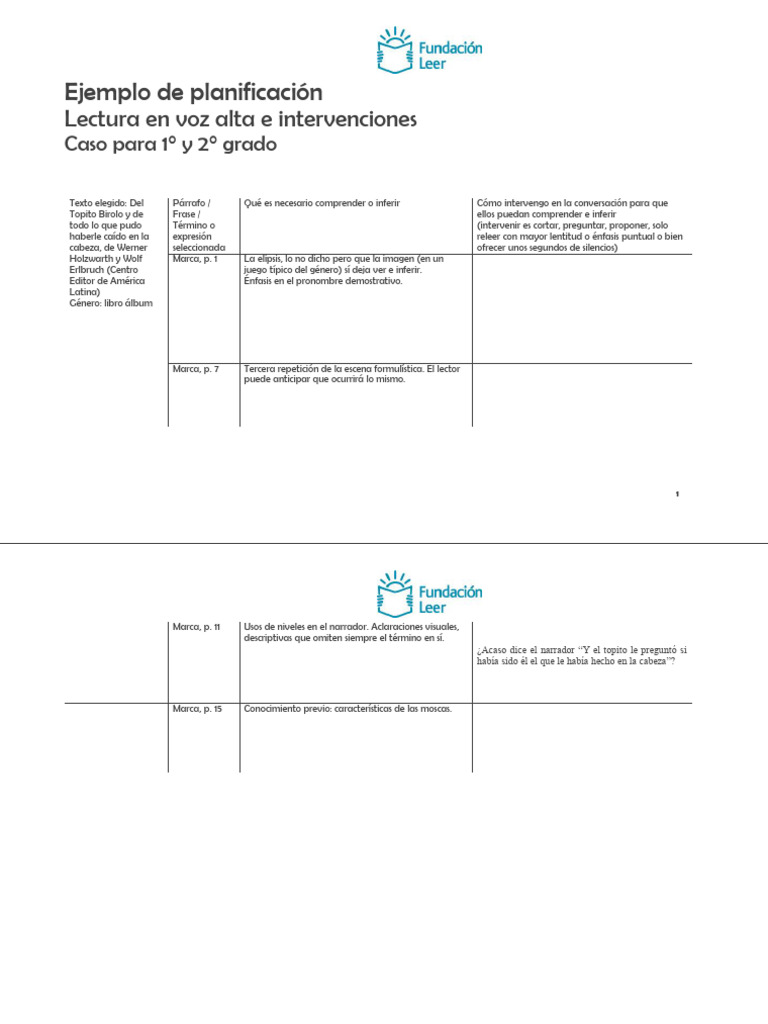 Planificación de Lectura para 1° y 2° Grado | PDF