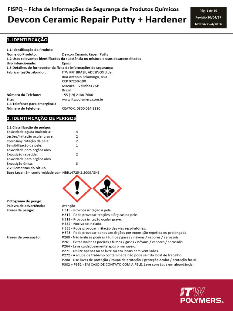 Devcon Ceramic Repair - FISPQ | PDF | Desperdício | Dióxido de carbono