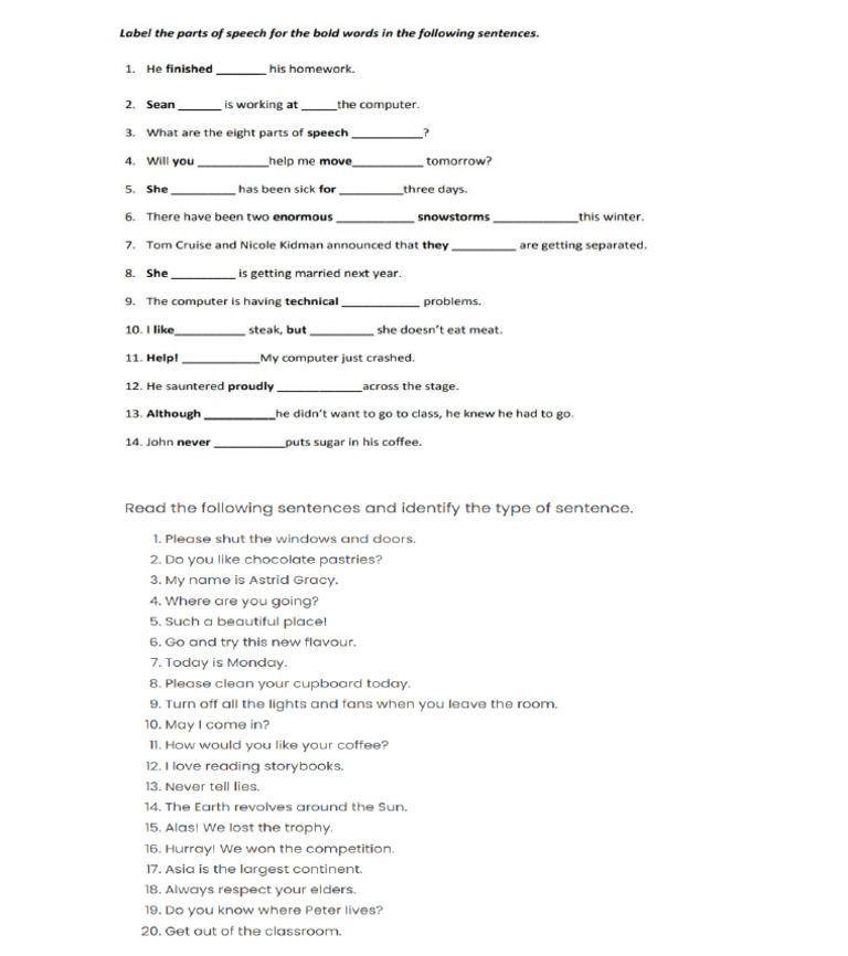 Parts of Speech Worksheet | PDF