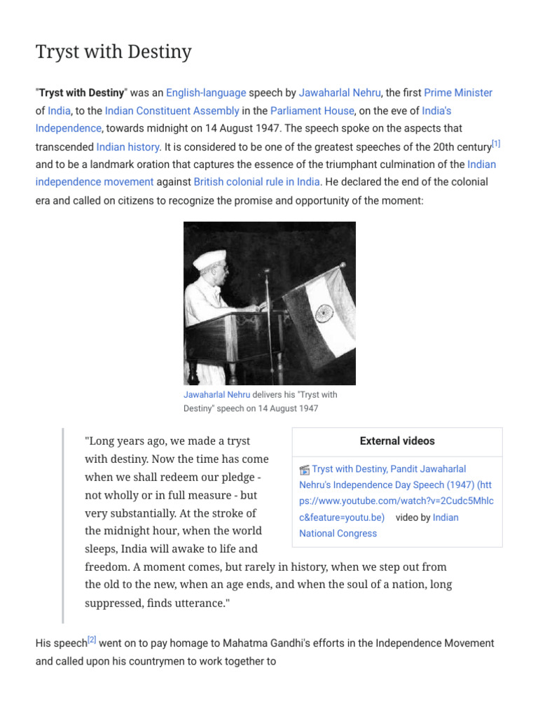 Tryst With Destiny - Wikipedia | PDF