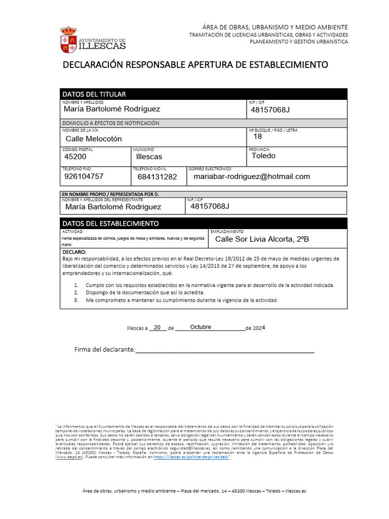 Declaración Responsable para Apertura de Establecimientos en Illescas | PDF