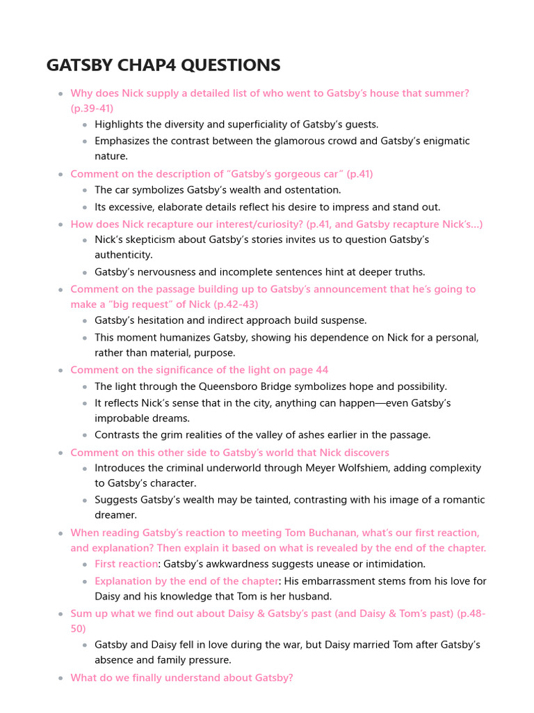 GATSBY CHAP4 QUESTIONS | PDF | The Great Gatsby