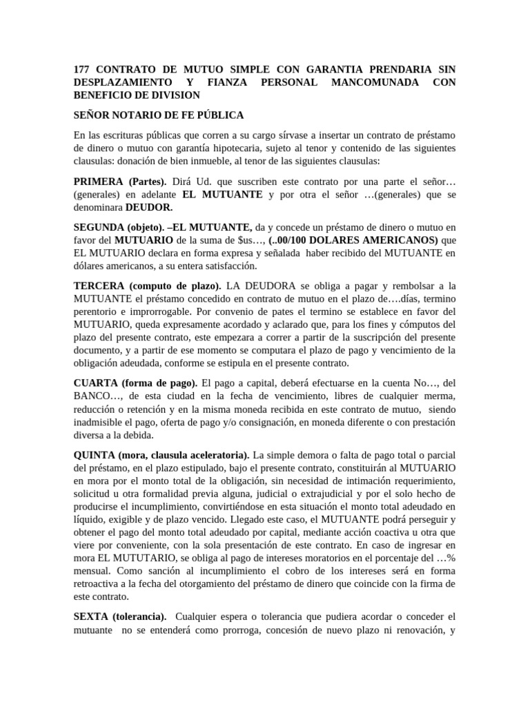177 CONTRATO DE MUTUO SIMPLE CON GARANTIA PRENDARIA SIN DESPLAZAMIENTO ...