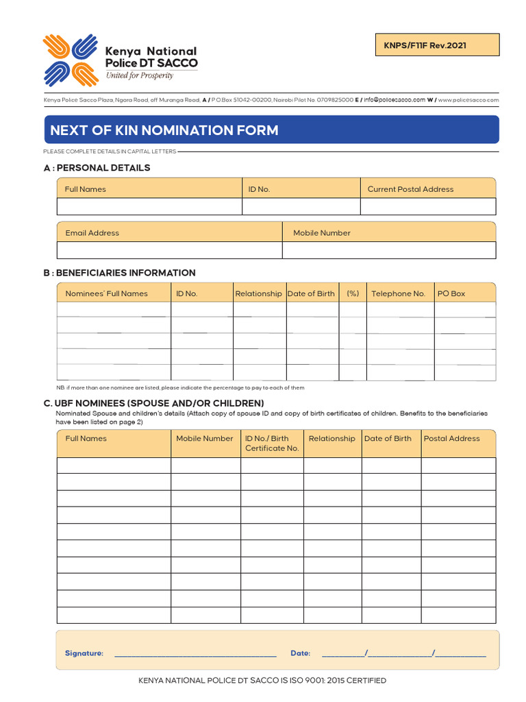 Next of Kin Nomination Form 1 | PDF