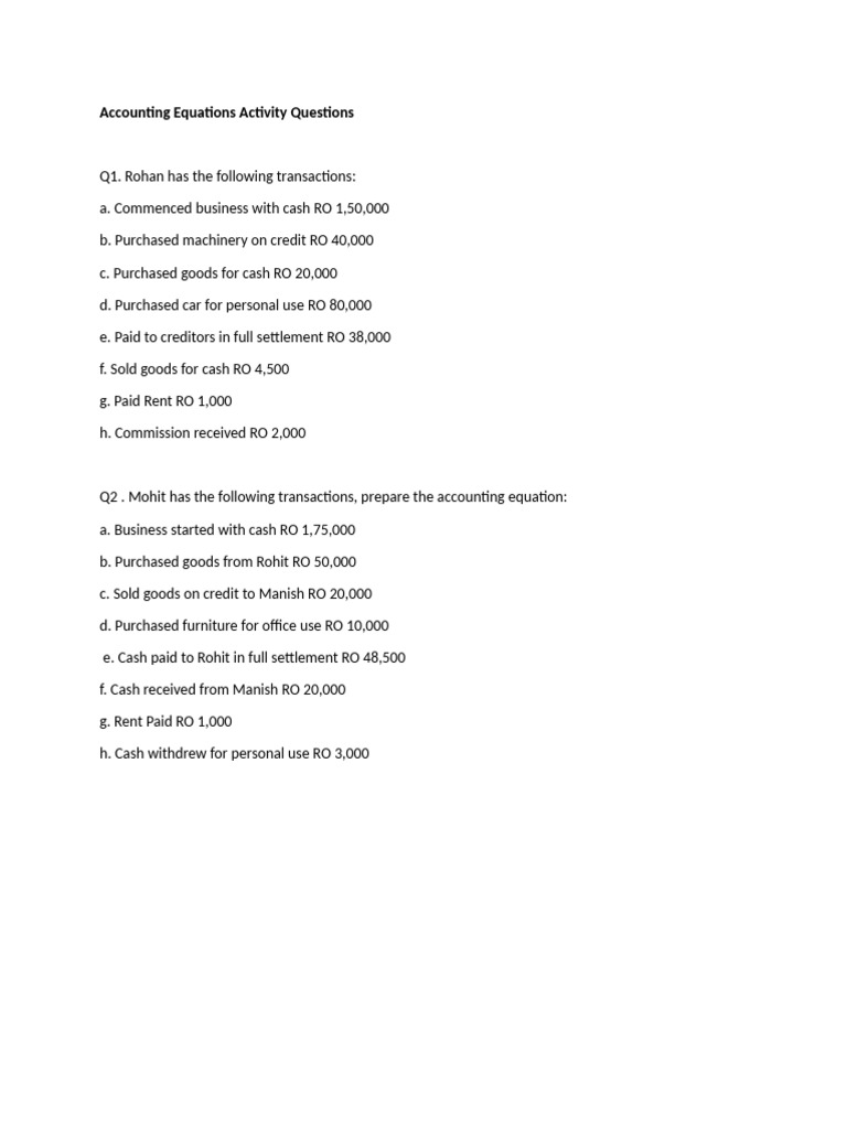 Accounting Equations Activity Questions (5) | PDF