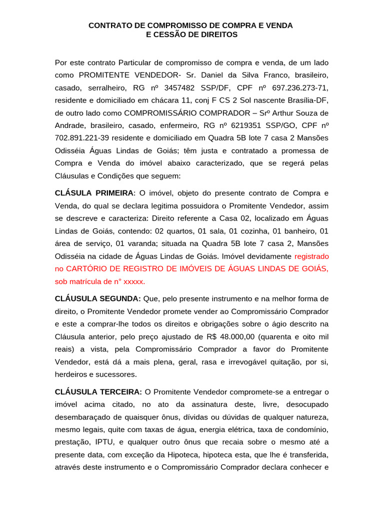 Contrato De Compromisso De Compra E Venda Pdf Adjudicação Direito