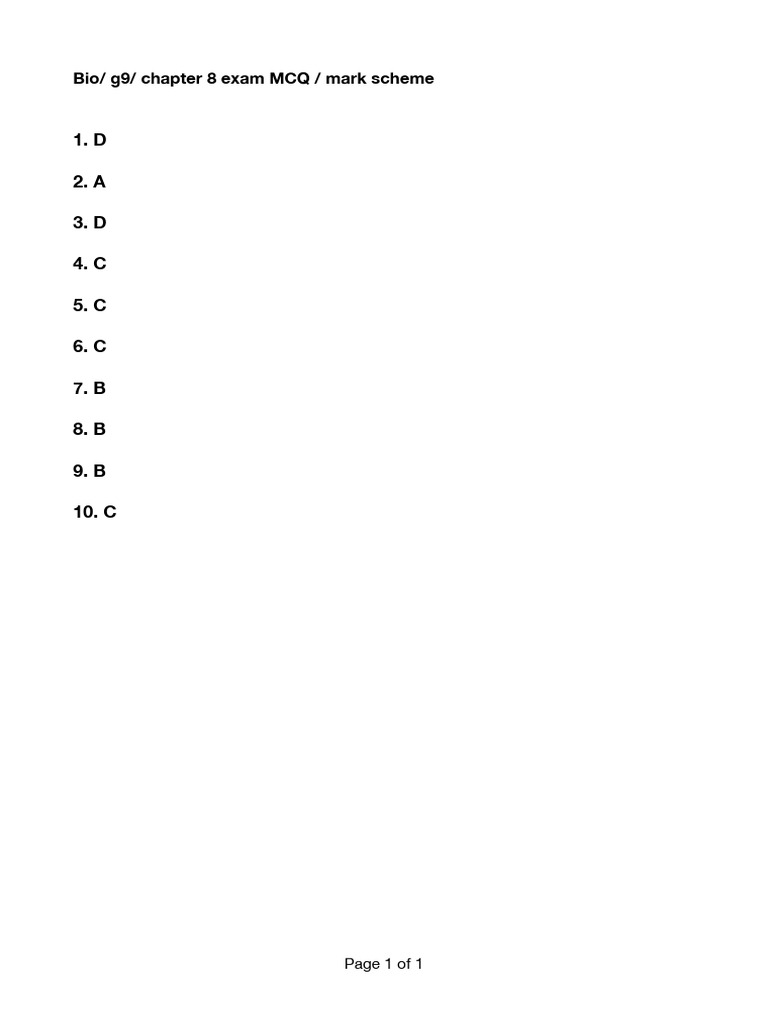 Bio g9 Chapter 8 MCQ Mark Scheme | PDF