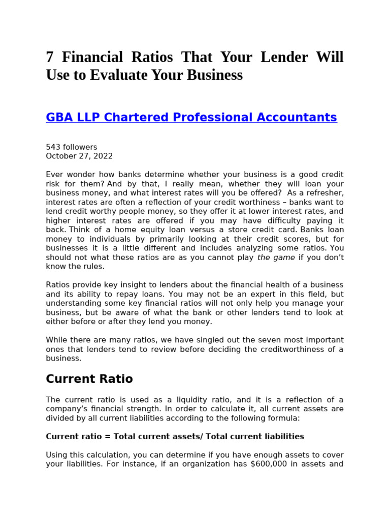 7 Financial Ratios That Your Lender Will Use to Evaluate Your Business ...