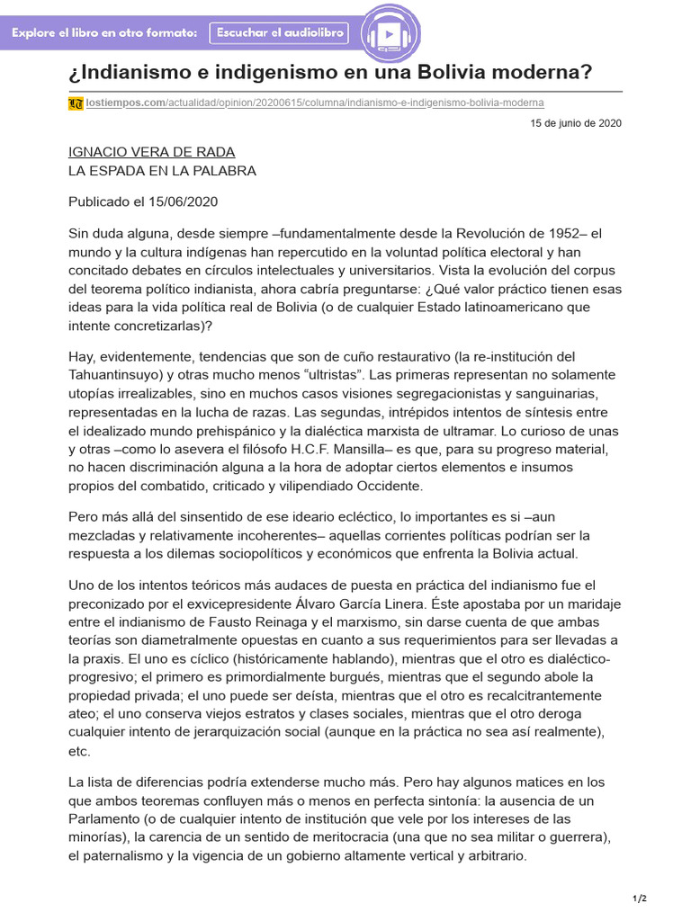 s15 Co Indianismo e Indigenismo en Una Bolivia Moderna | PDF ...