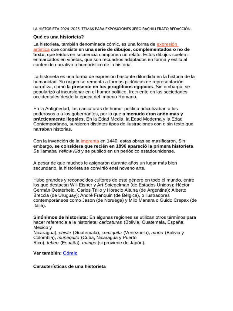 La Historieta 2024 2025 Temas para Exposiciones 3ero Bachillerato Redacción | PDF | Cómics ...