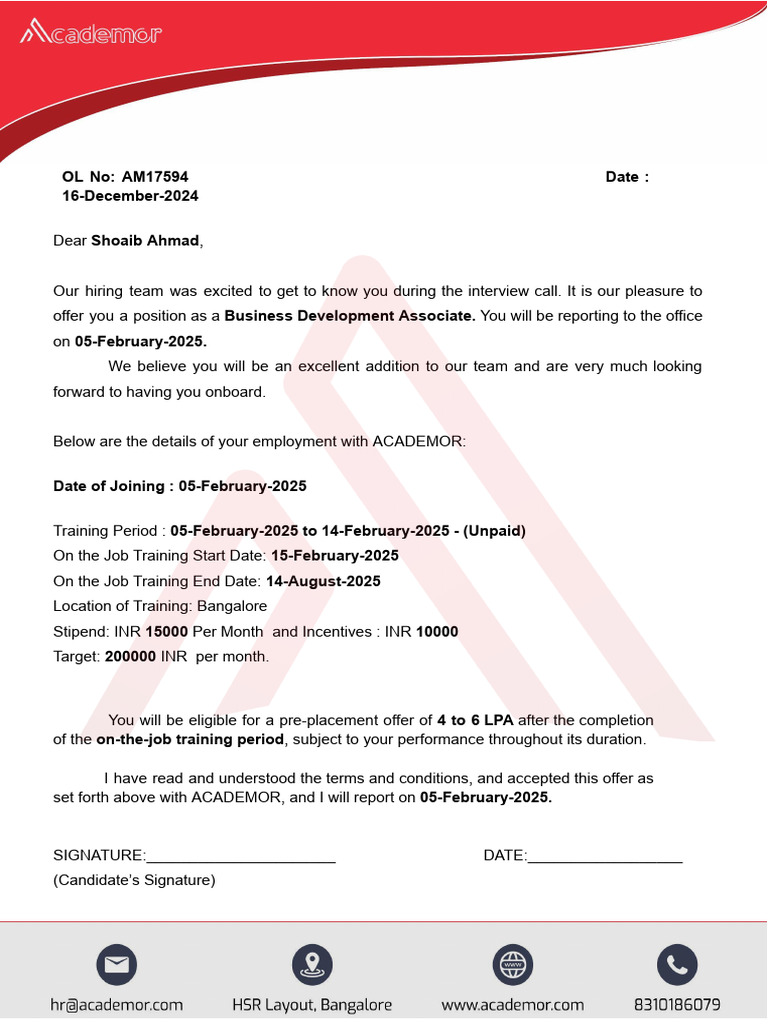 Academor Offer Letter - Shoaib Ahmad | PDF